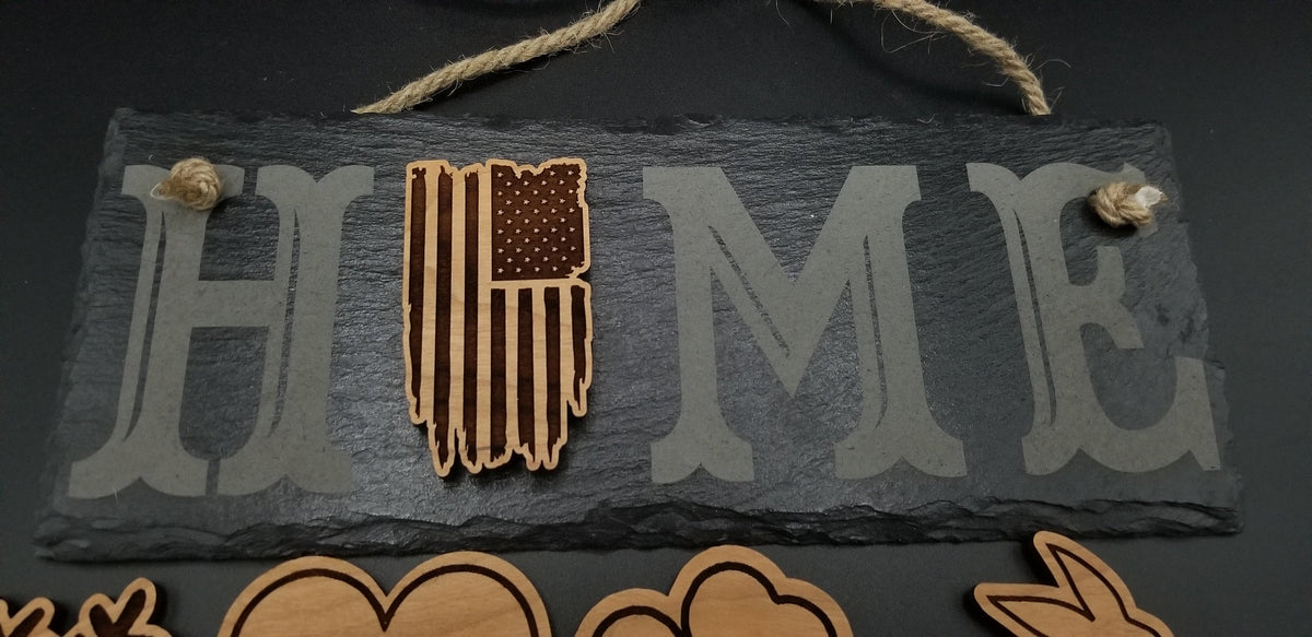 Slate home sign with interchangeable wooden seasonal cut outs – Altered ...